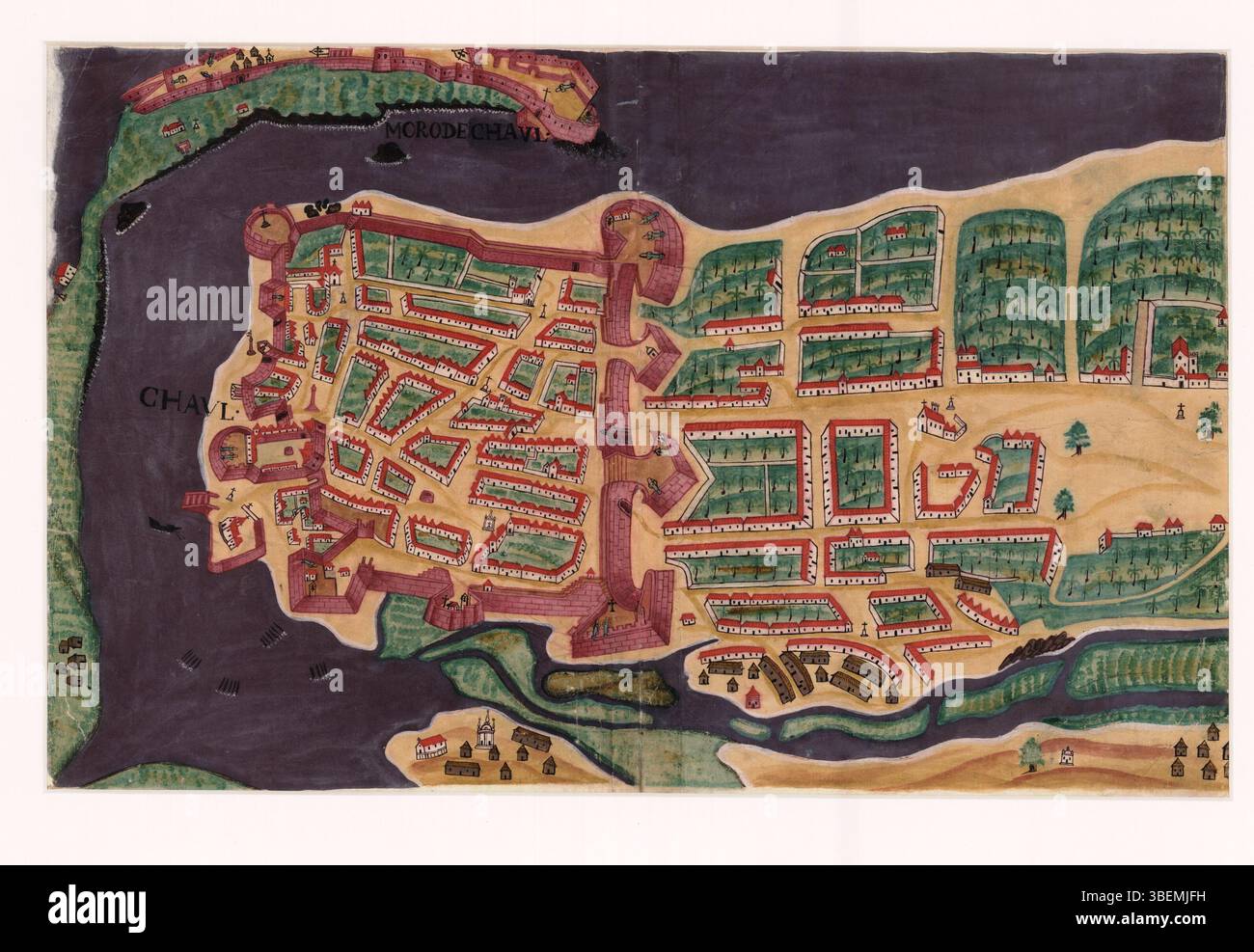 This map from 1635 illustrates the Portuguese Fortress of Chaul, as ...