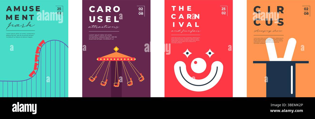 Colorful amusement park poster with ferris wheel, roller coaster ...