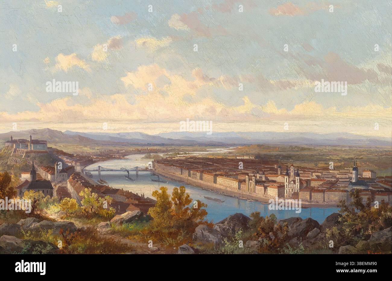 The 19th-century painting 'Eberle' depicts a view of Budapest. Signed ...