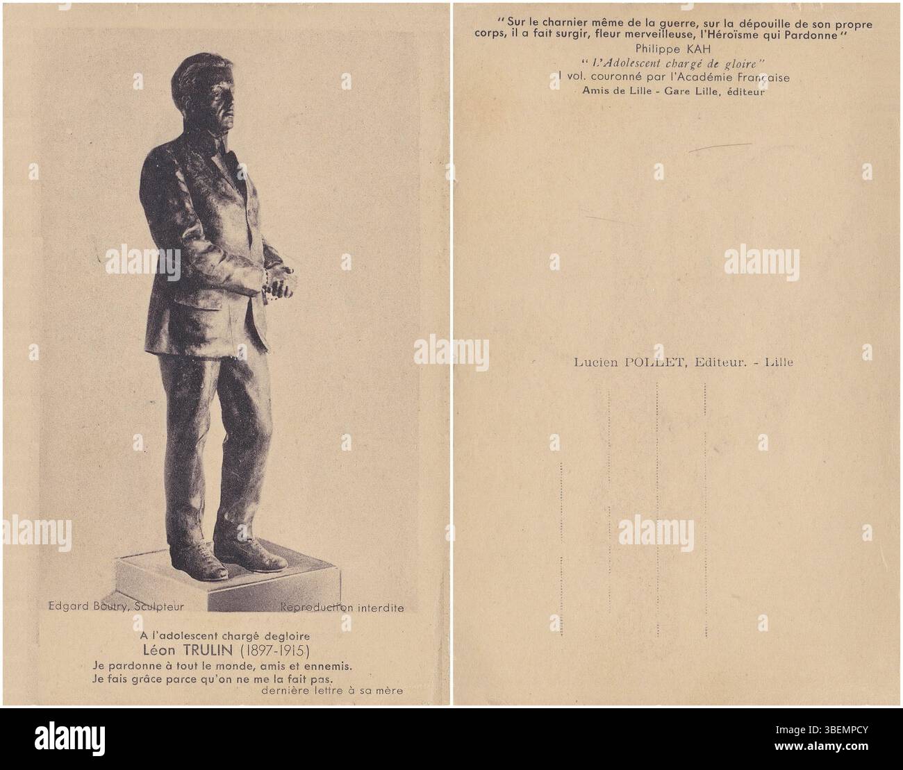 Statue of Léon Trulin in Lille, sculpted by Edgar Boutry in circa 1925 ...