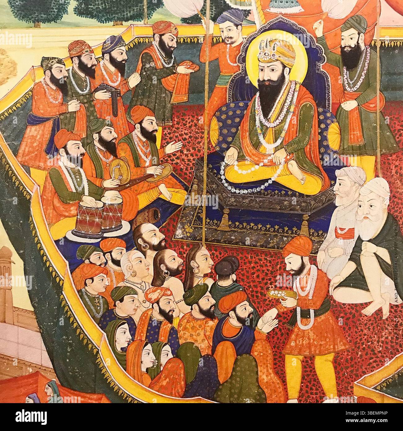 This 19th-century painting detail shows Guru Arjan in a durbar ...