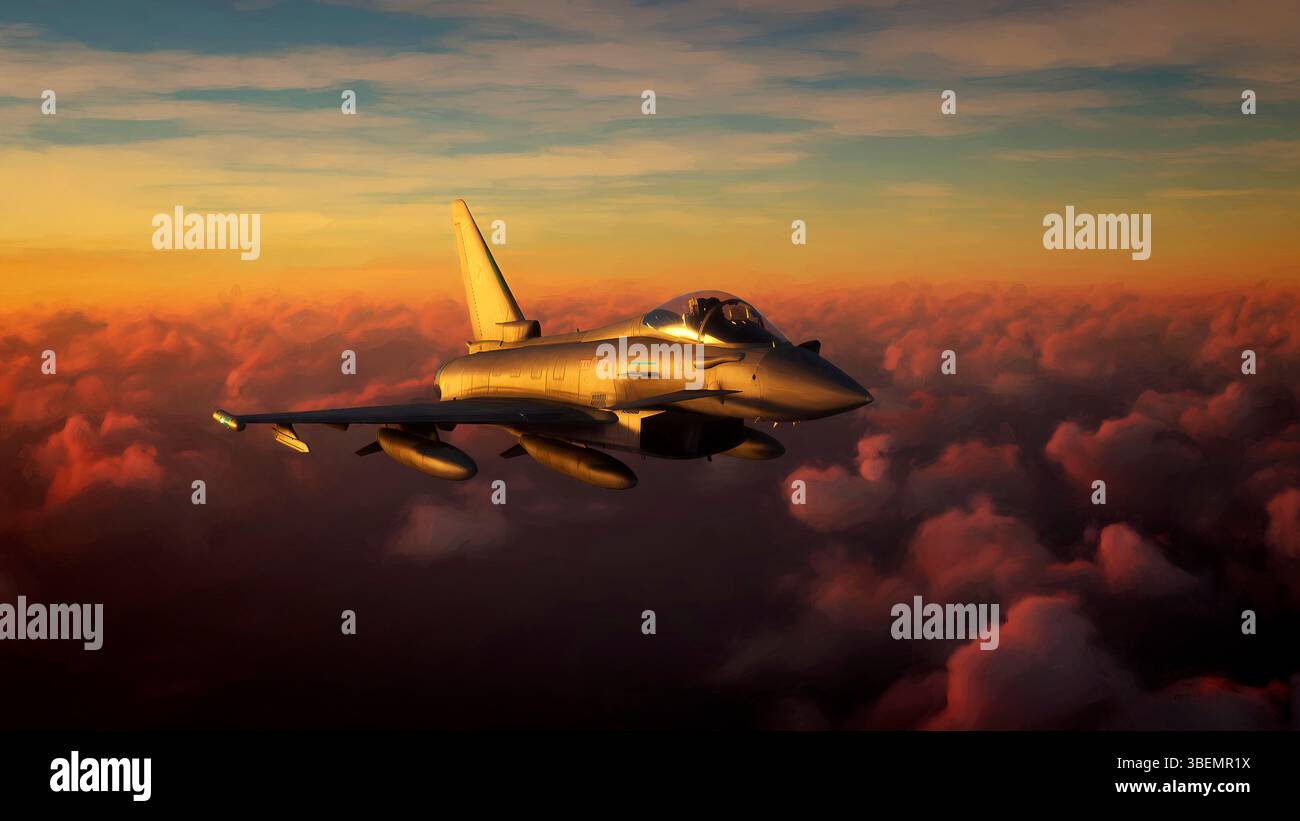 RAF Typhoon aircraft flying above the clouds at sunrise or sunset Stock ...