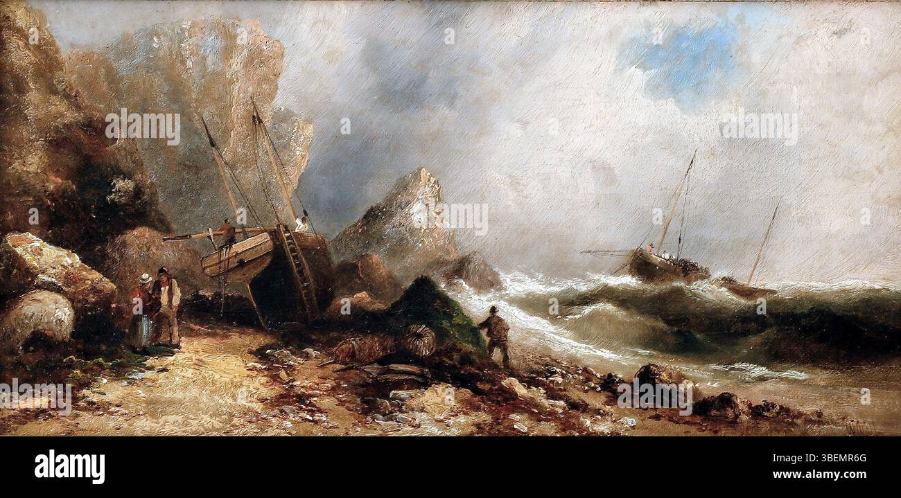This oil painting by William A. Wall depicts a beached fishing boat ...