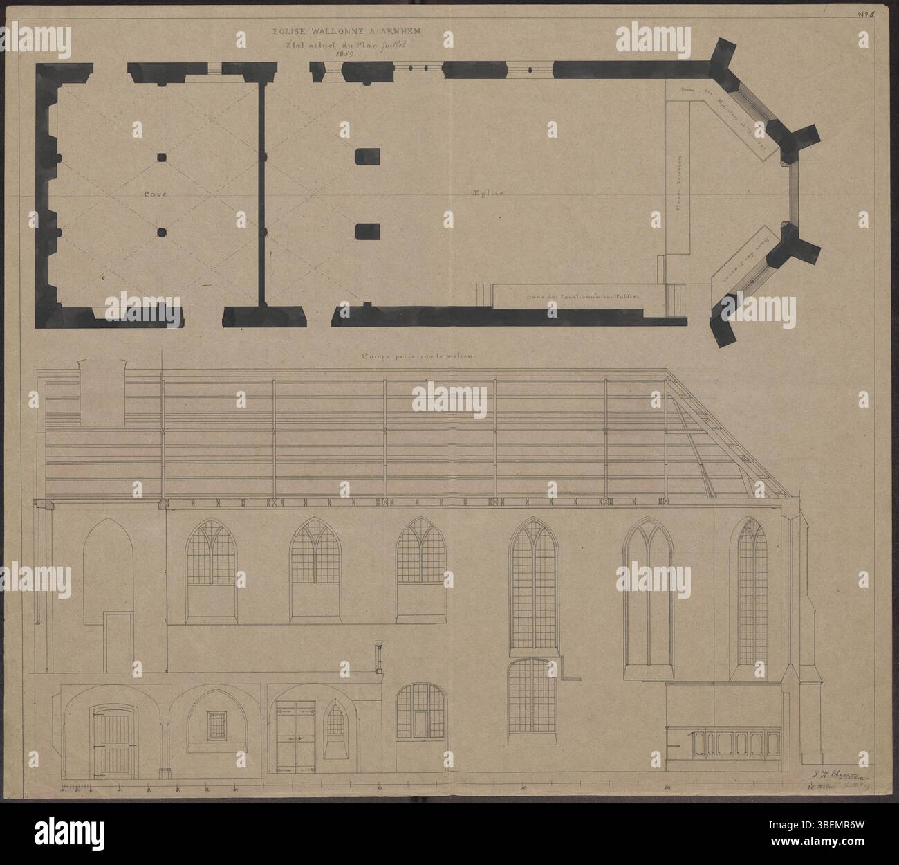 A side elevation and floor plan of a Walloon Church, possibly in Arnhem ...