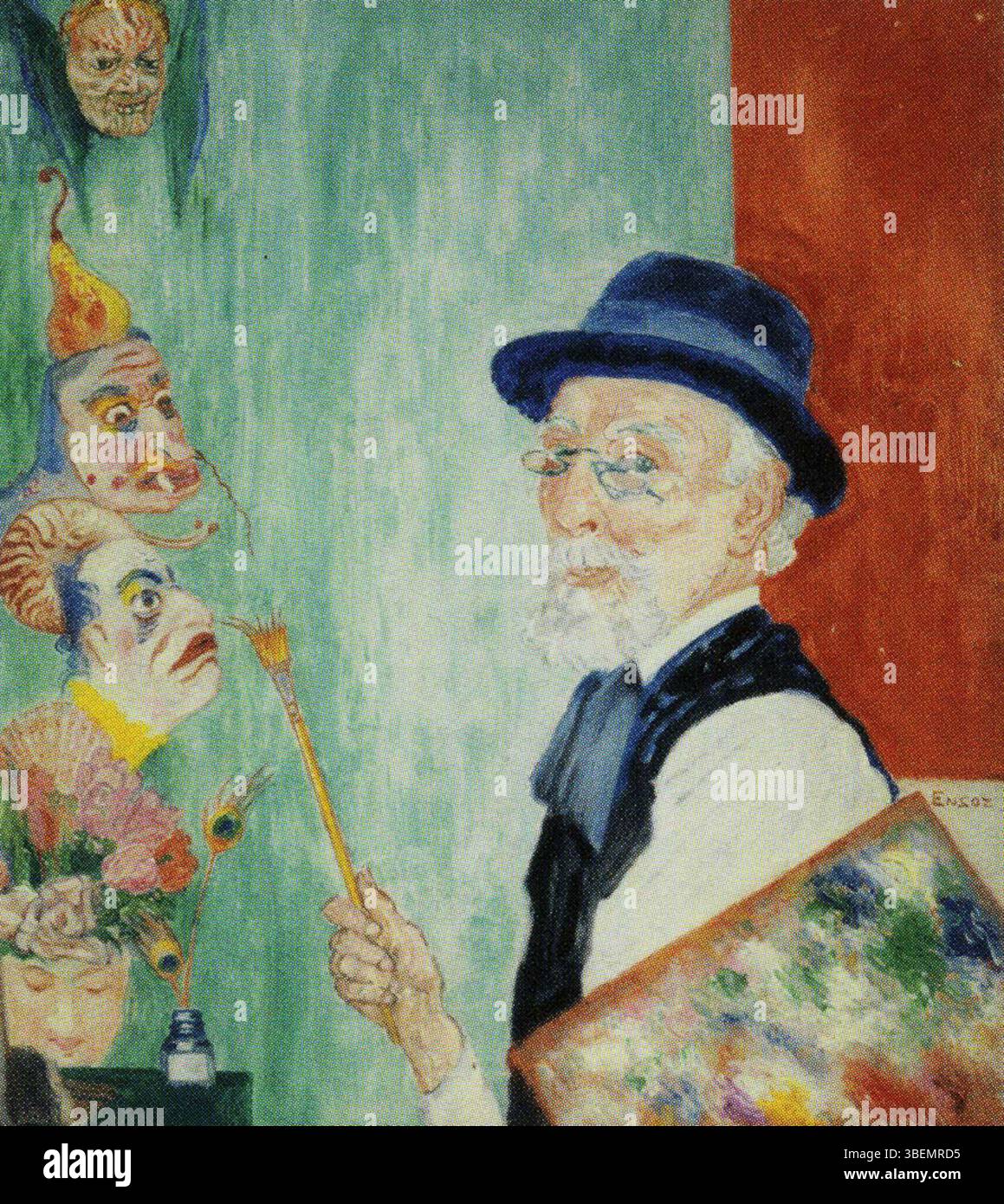 This painting by James Ensor, created in 1936, is a self-portrait ...
