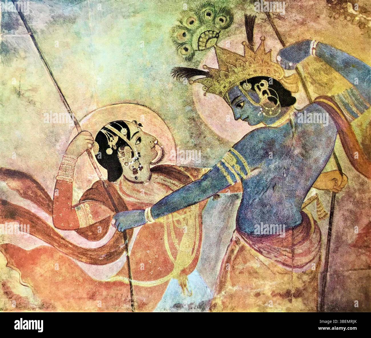 A fresco painted in the early 19th century depicting Radha and Krishna, located on the walls of ...