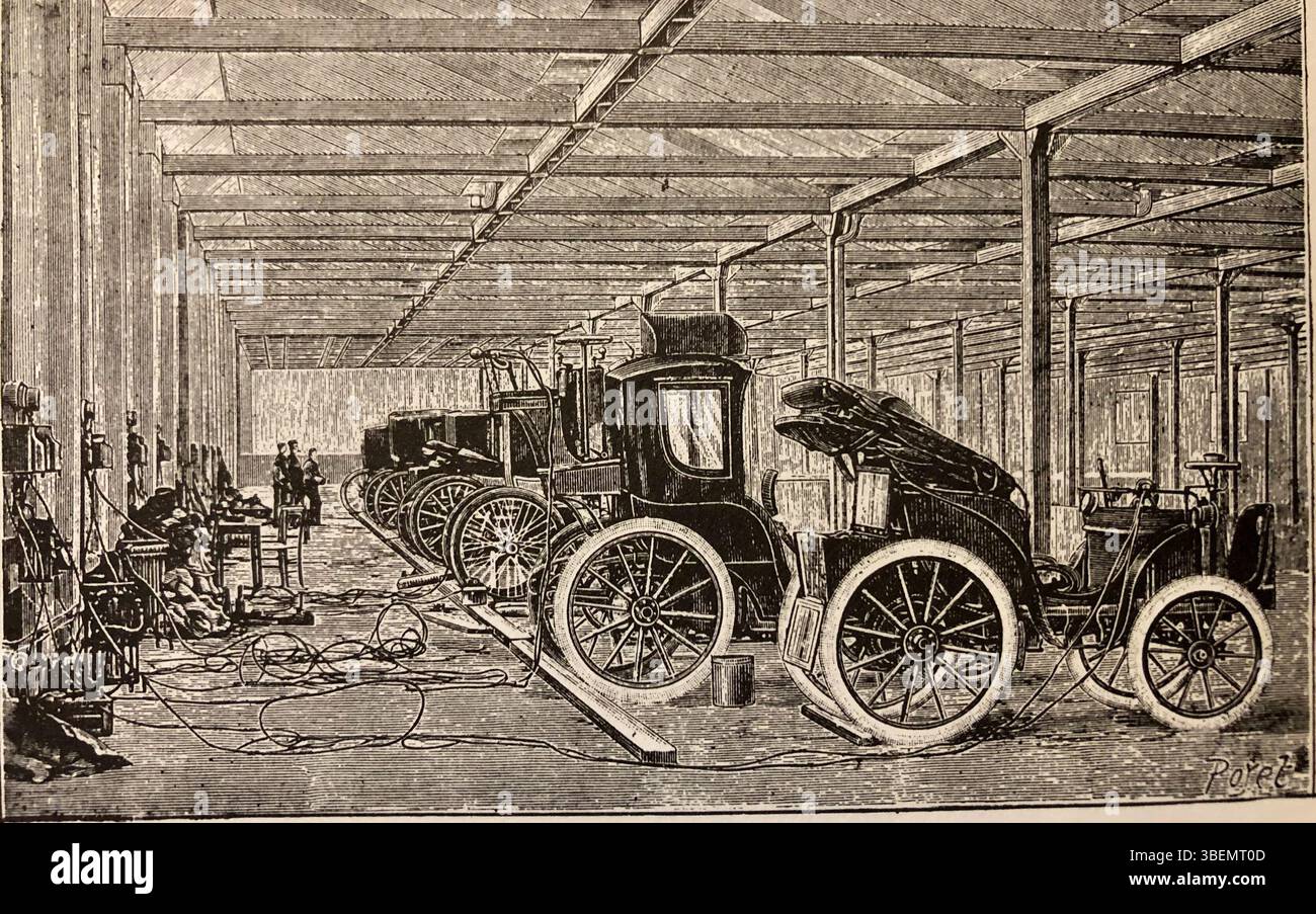 This 1898 engraving shows a charging station in Paris for electric cars ...