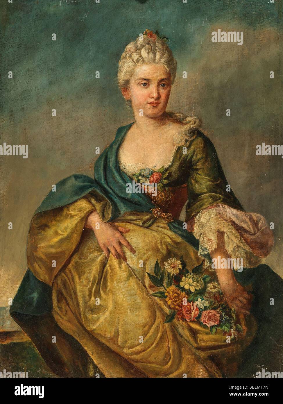 This 19th-century oil painting, titled 'Dame als Flora', depicts a ...