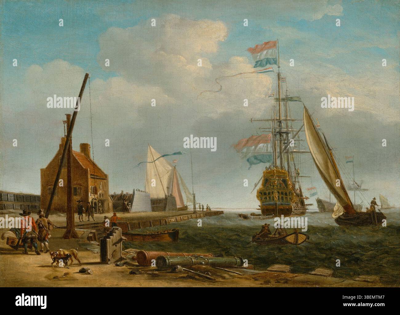 This harbour scene, attributed to Gerrit Pompe (1655–1705), showcases a ...
