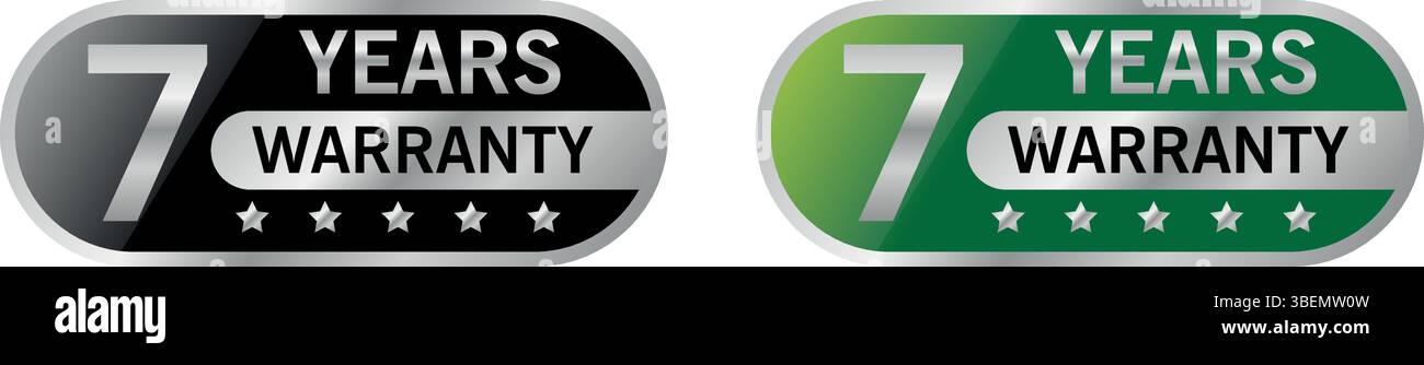 Set of two 7 years warranty labels in black and green with silver stars ...