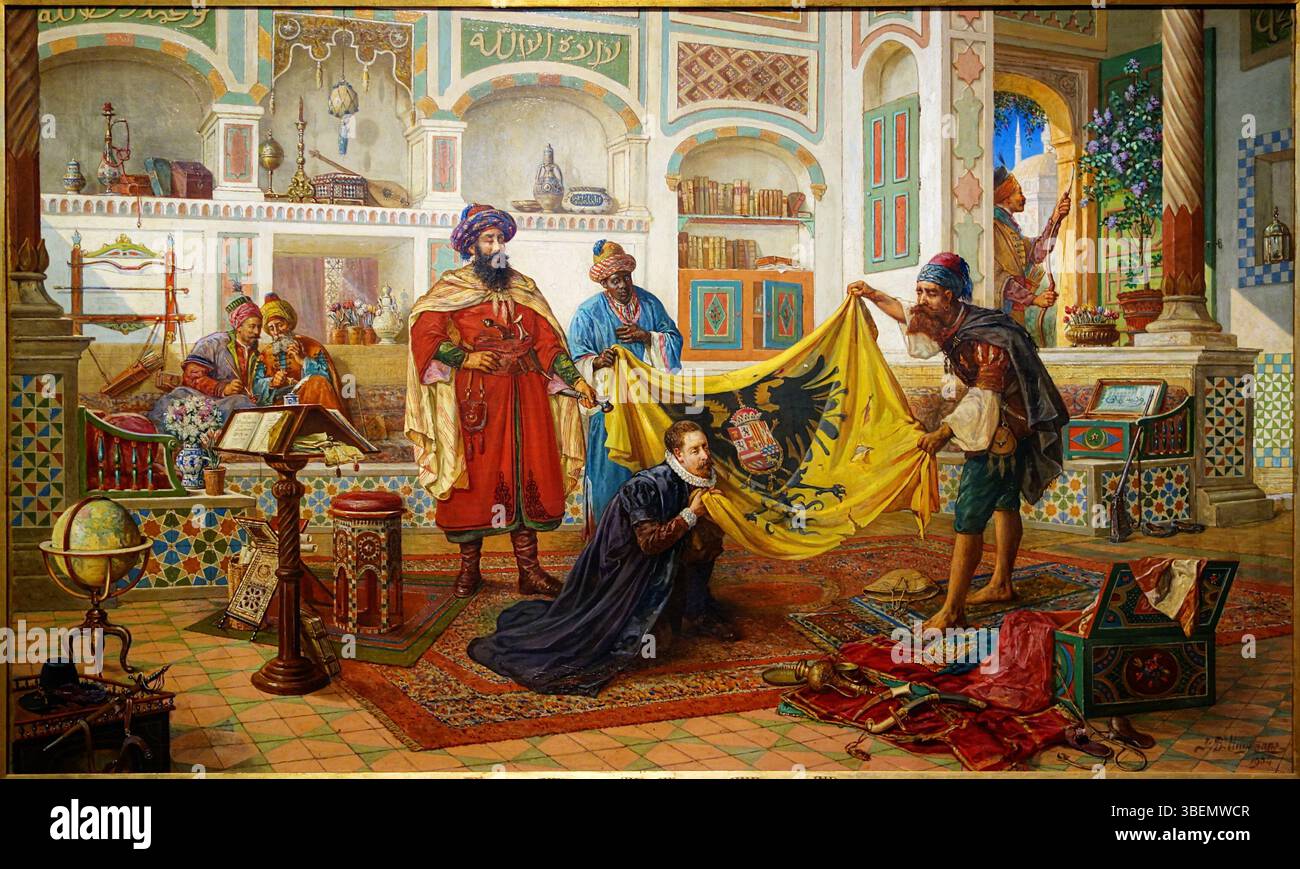 This artwork depicts Ogier de Busbecq purchasing the royal Spanish flag ...