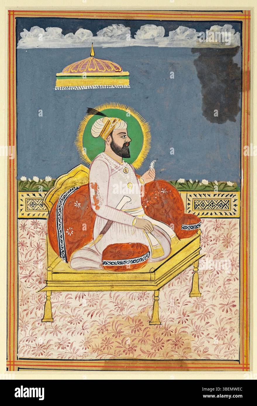 This 19th-century portrait shows Guru Gobind Singh, the tenth Sikh Guru, seated on a square ...