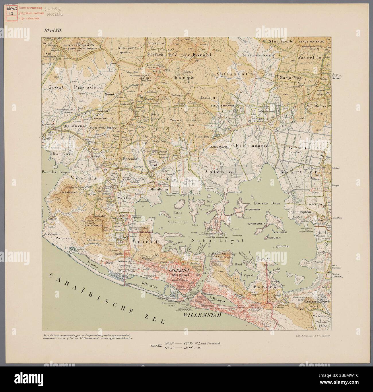 A topographic map of Curaçao, dated around 1911, showing Willemstad ...