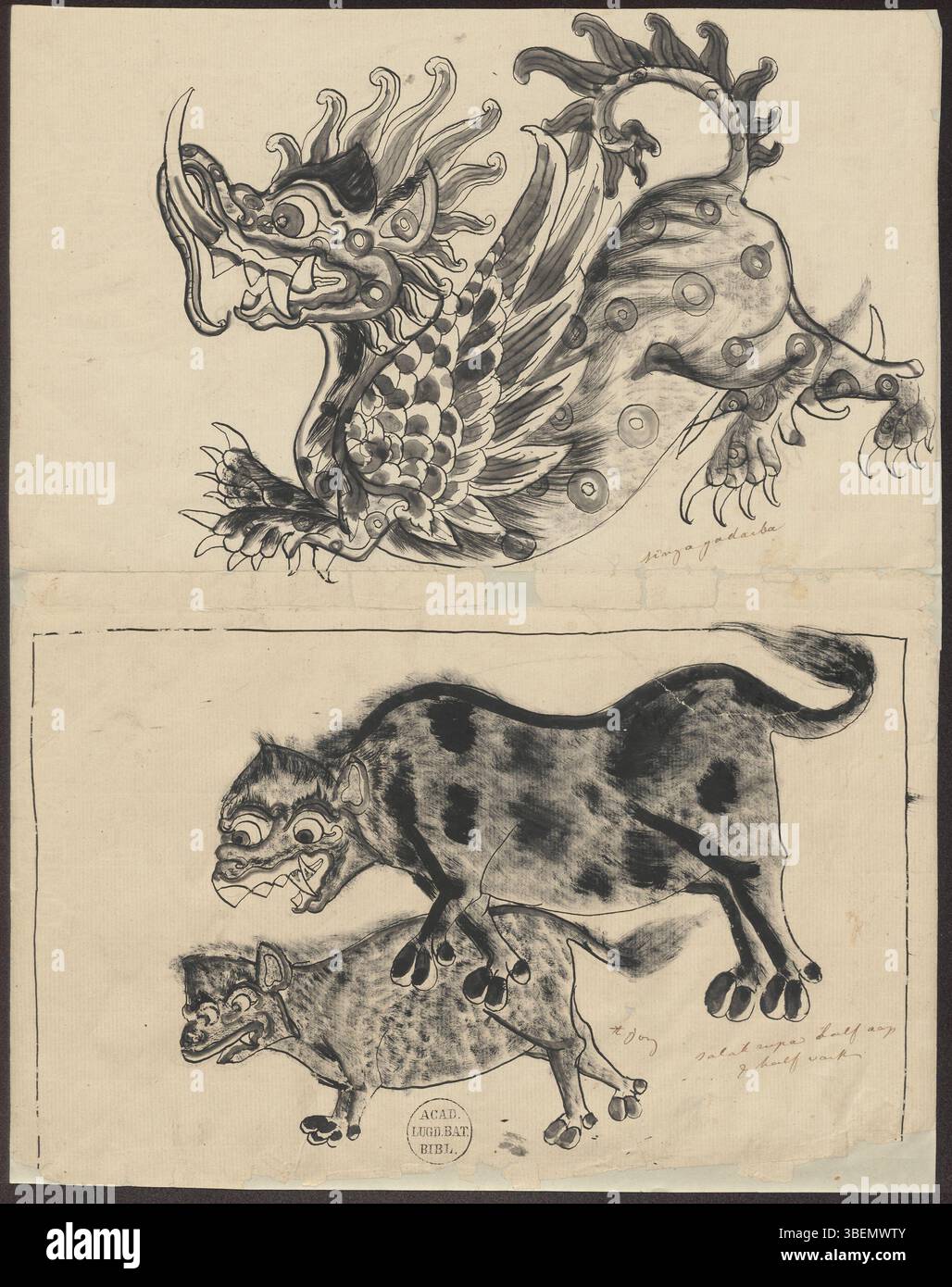 The drawing presents two mythological creatures: Singa gadarba, a ...