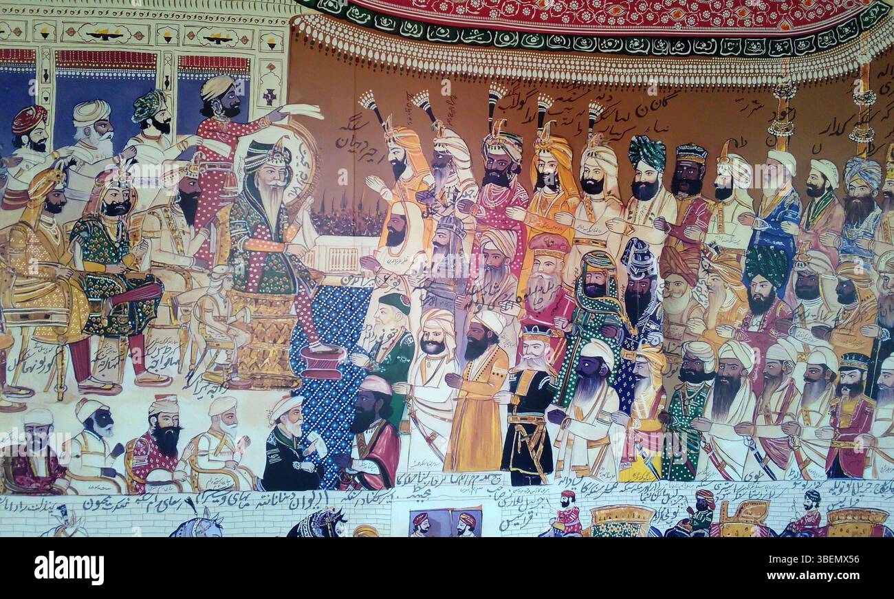 This later reproduction of a 1850s painting shows Maharaja Ranjit Singh ...