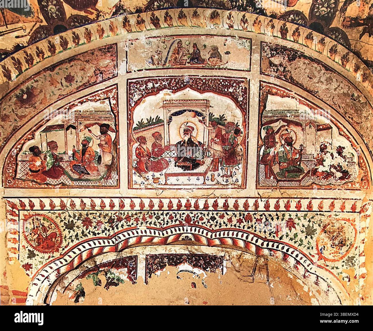 The fresco panels at Gurdwara Bhumman Shah feature religious scenes. The central panel depicts ...