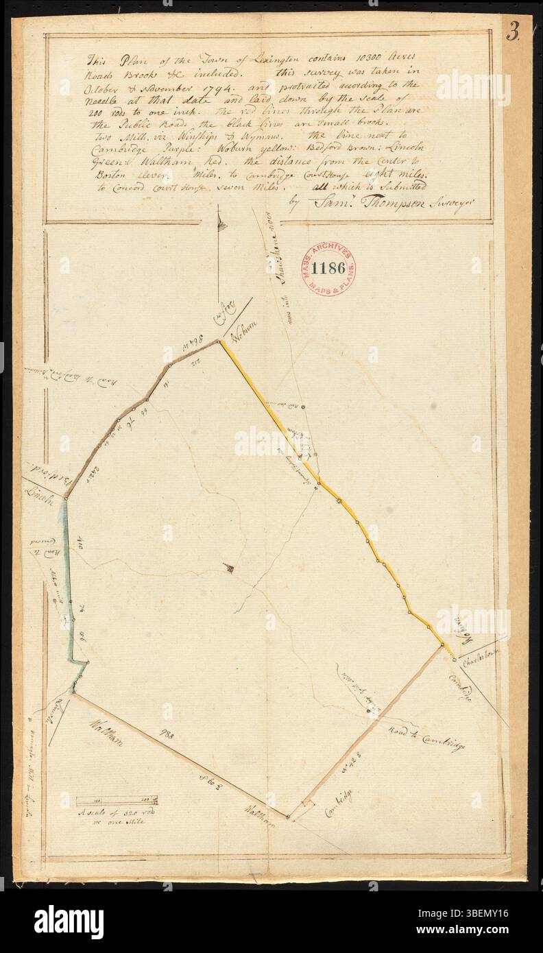 A 1794 plan of Lexington, Massachusetts, created by Samuel Thompson ...