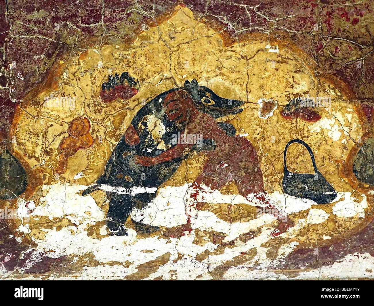 A fresco from the 18th or 19th century depicts a man wrestling a wild ...
