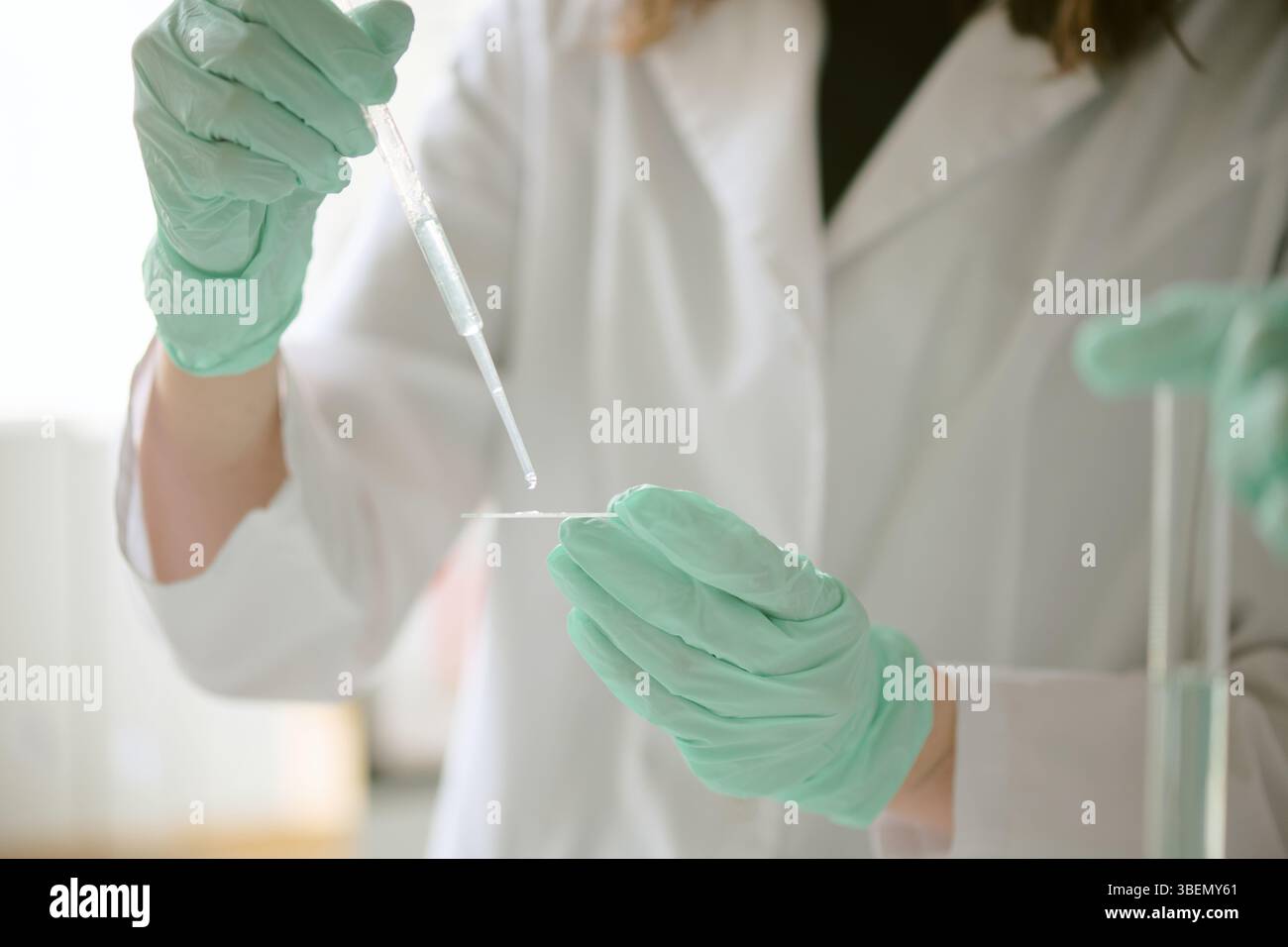 Closeup of gloved hands carefully holding pipette during laboratory ...