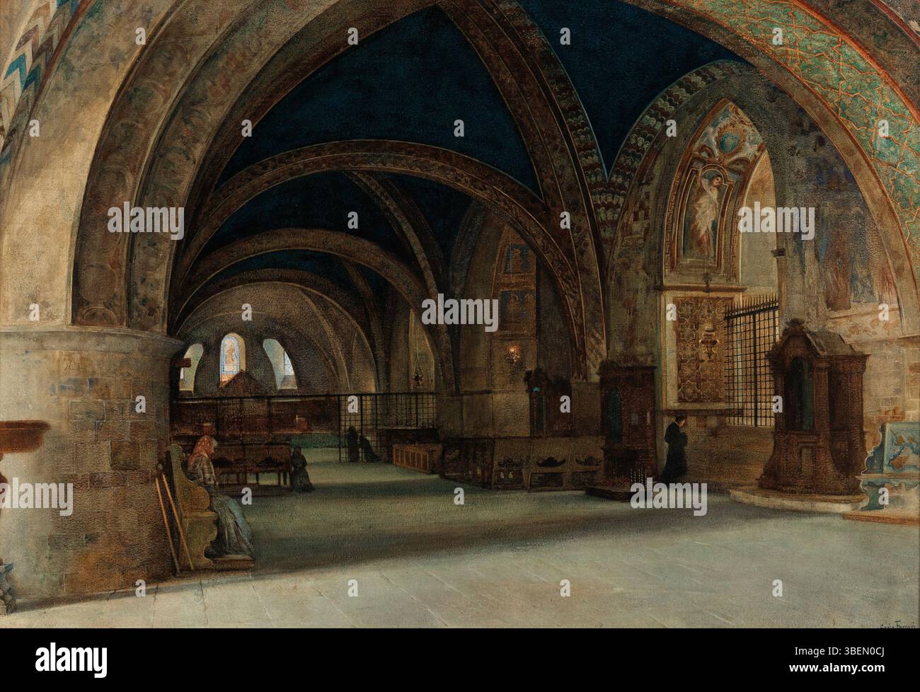 A watercolor painting by Carlo Ferrari depicts the Lower Basilica of St ...