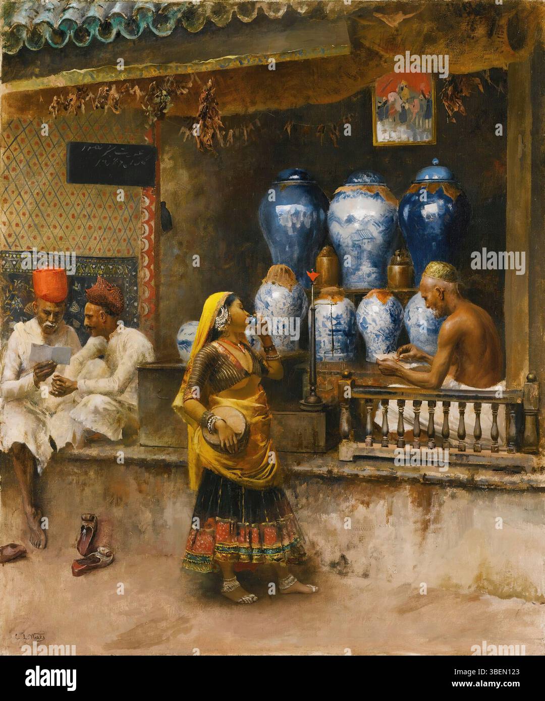 In 'A Perfumers Shop, Bombay' by Edwin Lord Weeks, a painting of Guru Gobind Singh with his ...