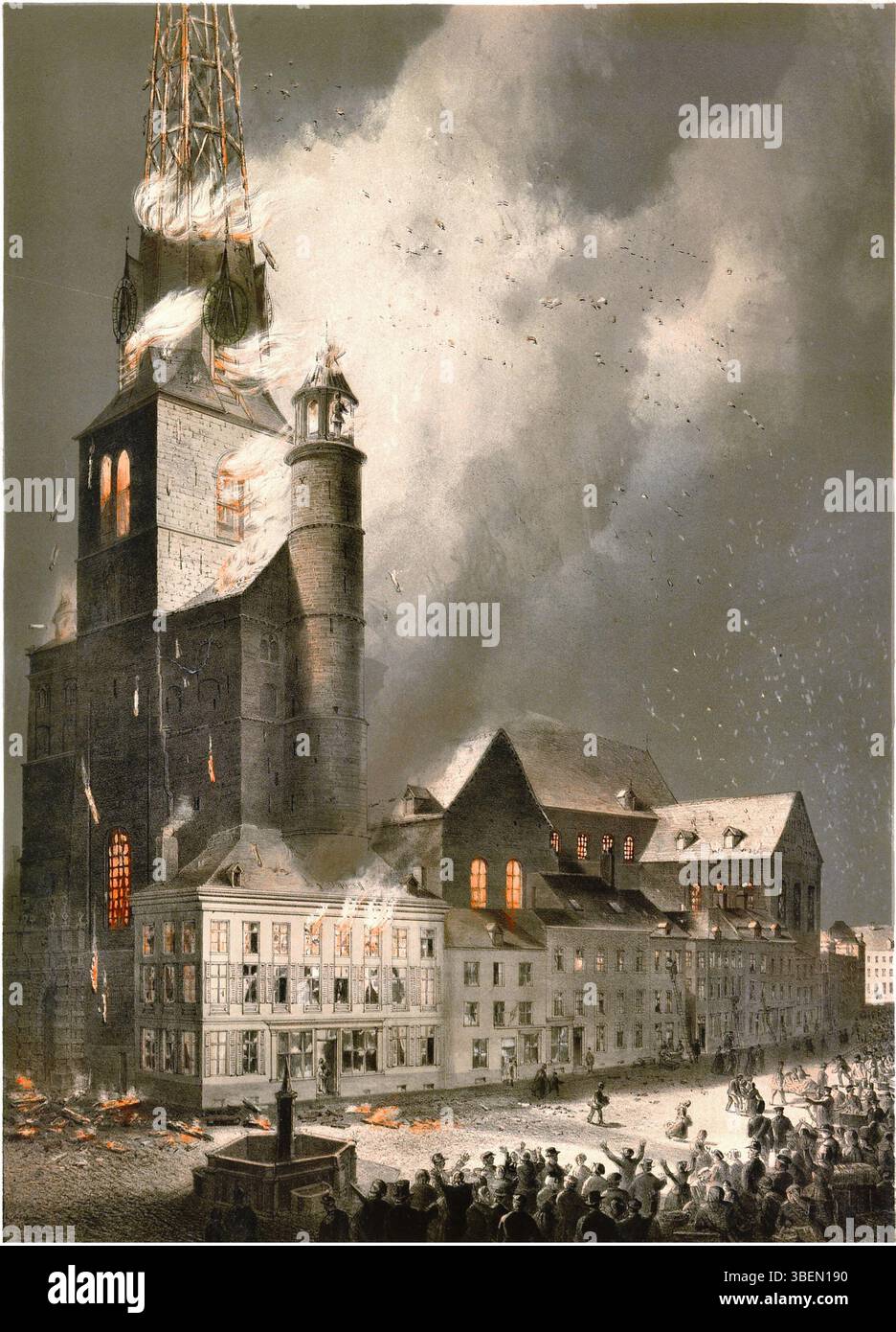 This lithograph and drawing by Licot and Canelle depict the fire that ...