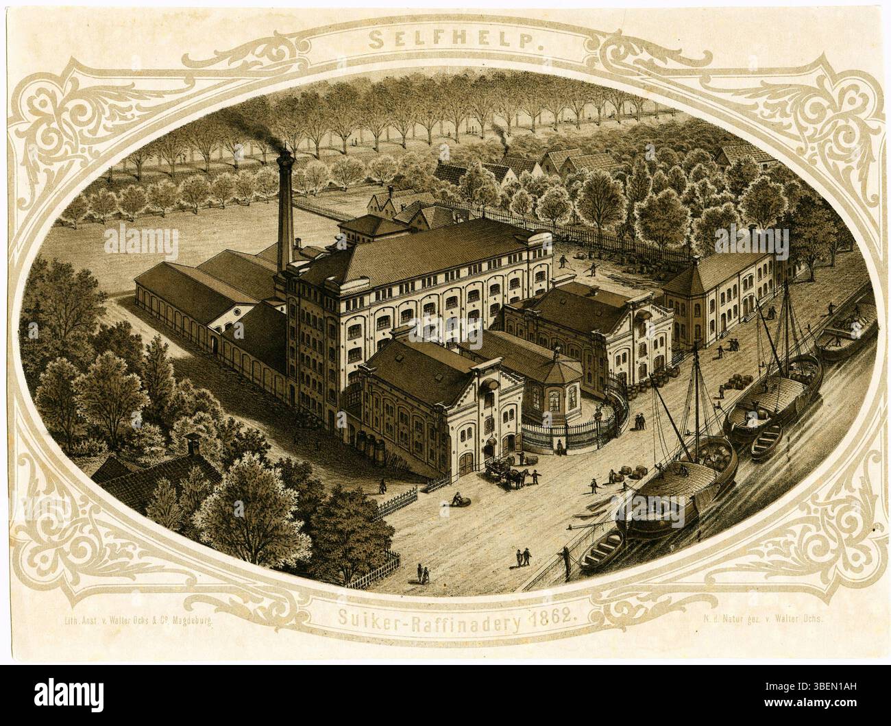 This lithograph from 1862 depicts the 'Selfhelp' sugar factory owned by ...