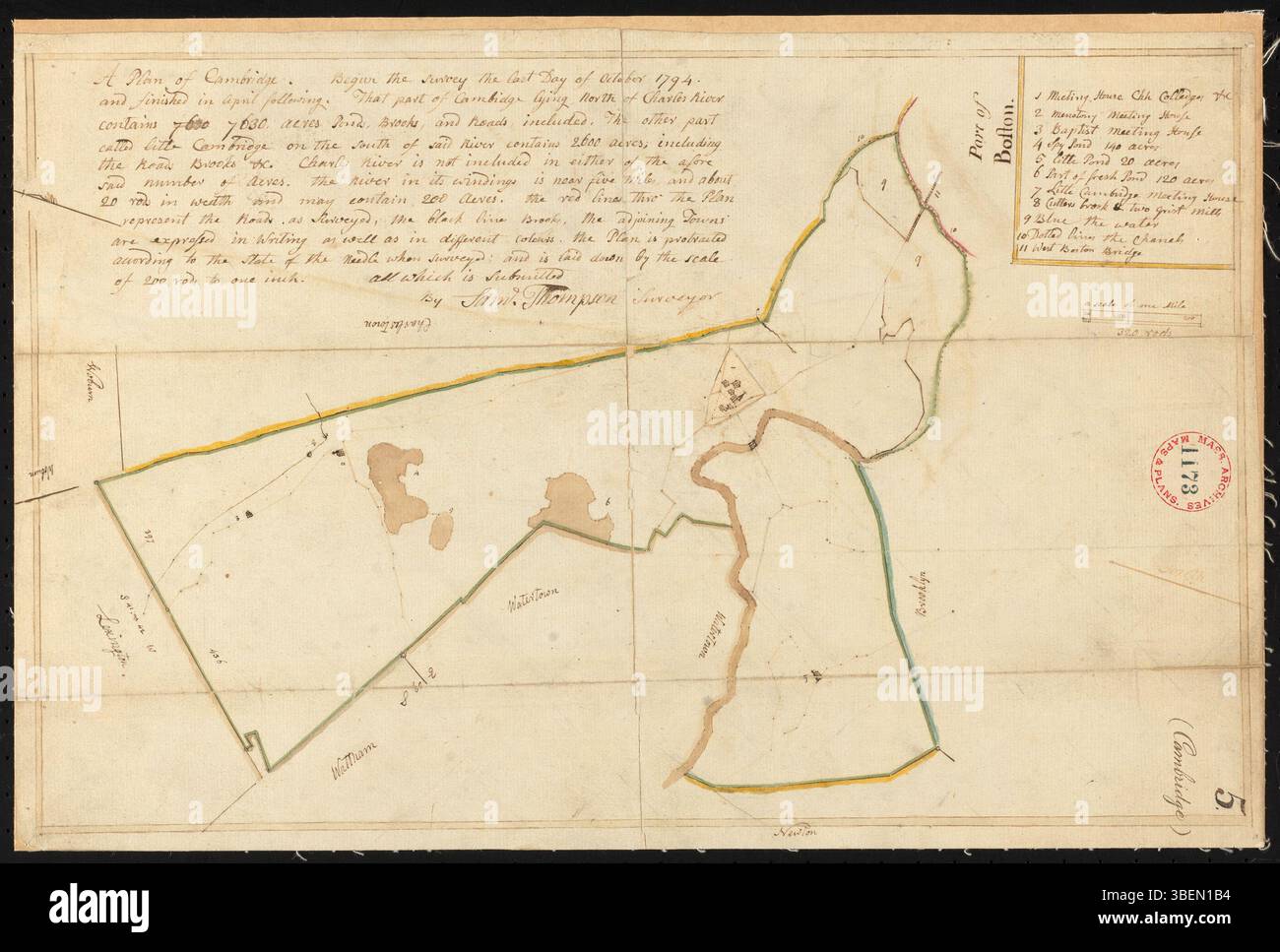 A 1795 map of Cambridge, Massachusetts, by Samuel Thompson, providing a ...
