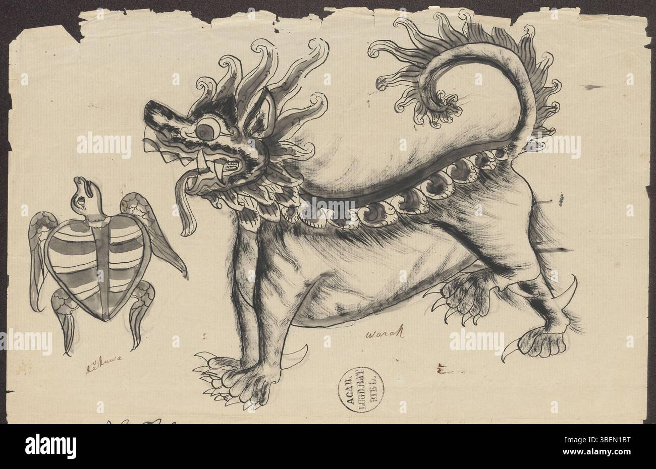 A 19th-century Balinese drawing depicts two scenes: a rhinoceros with a ...