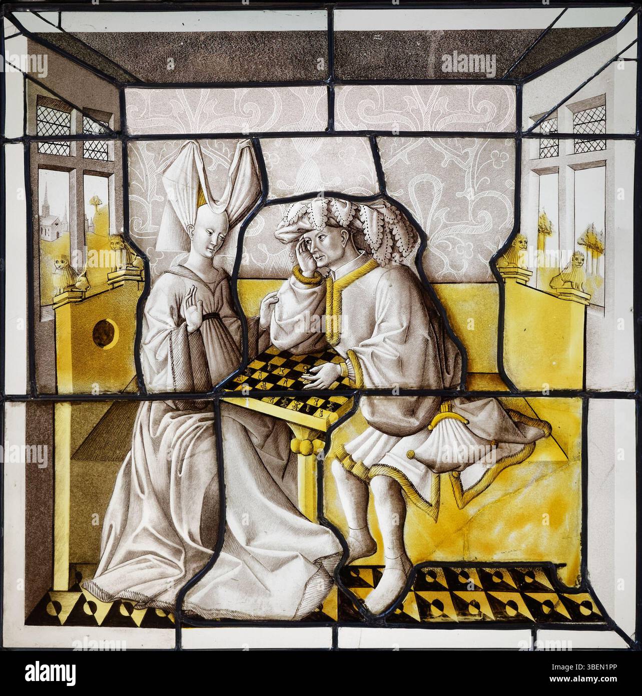 This stained glass panel, created between 1425 and 1450, depicts two ...