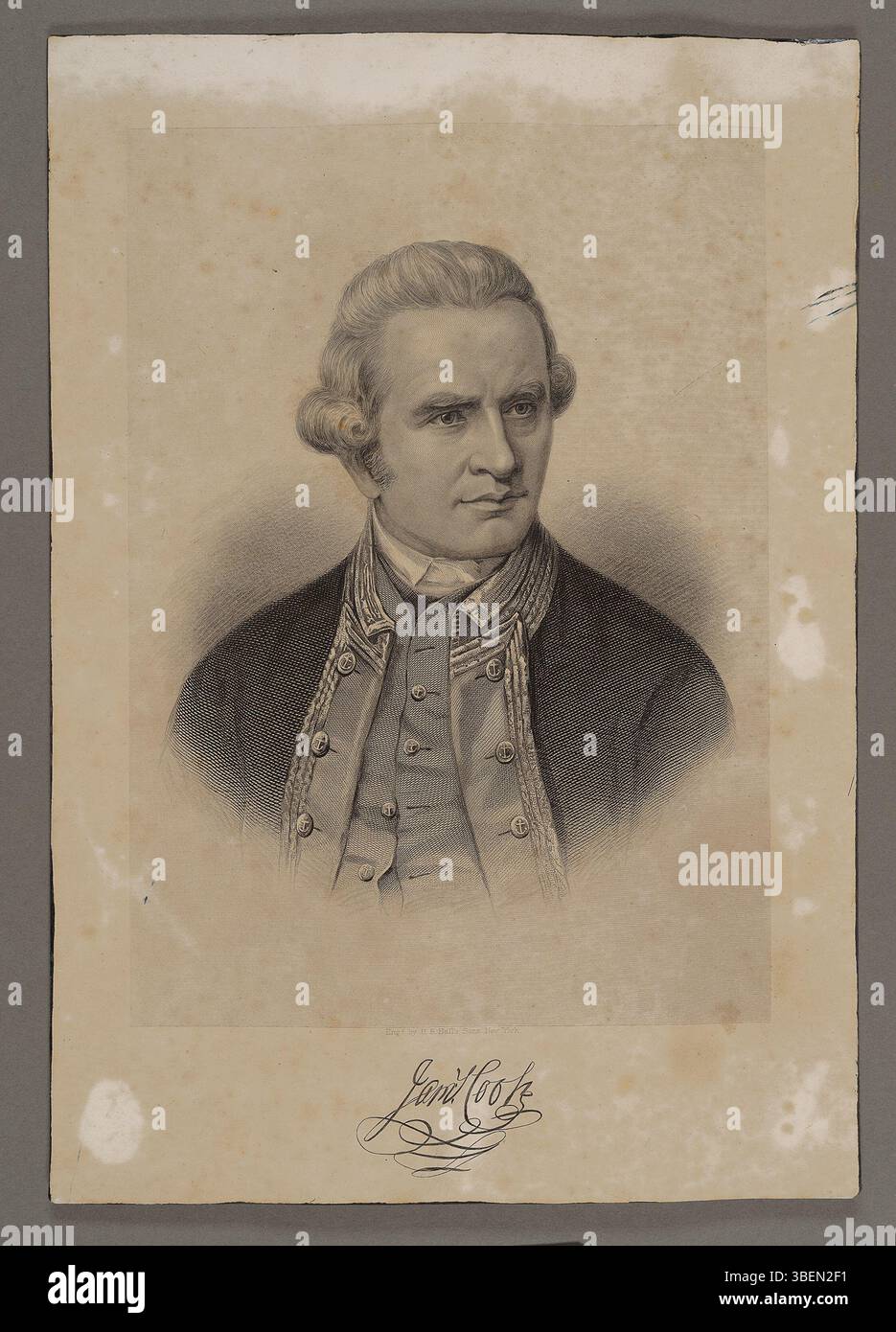 Engraving of Captain James Cook's portrait, showing his head and ...
