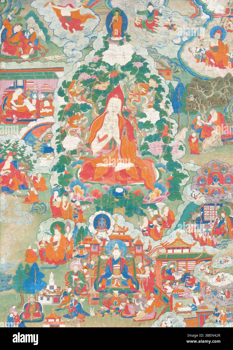 This 19th-century Tibetan Thangka depicts a teacher seated on a lotus ...
