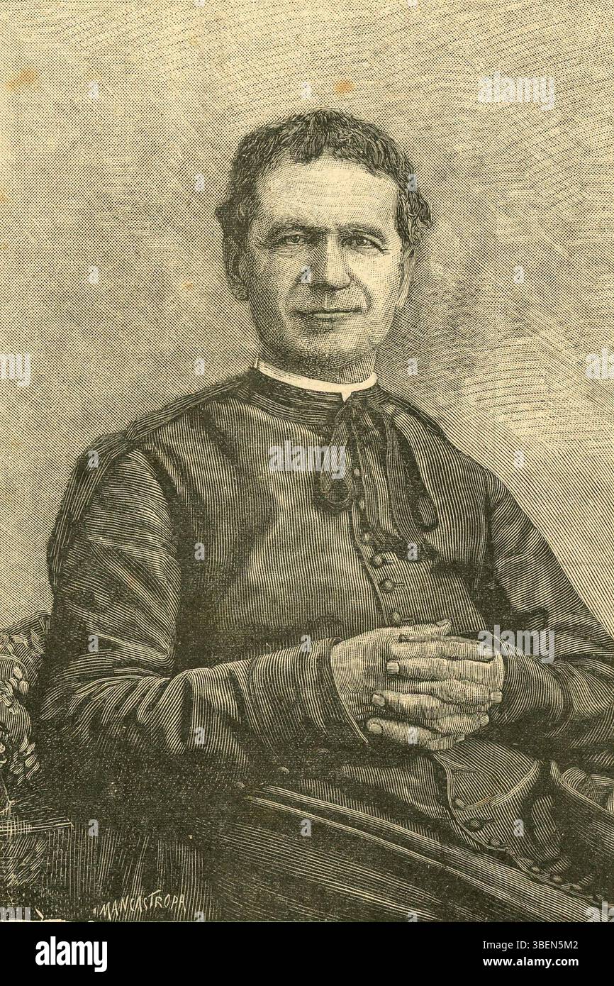 This 1888 engraving by Ernesto Mancastroppa depicts Don Giovanni Bosco ...