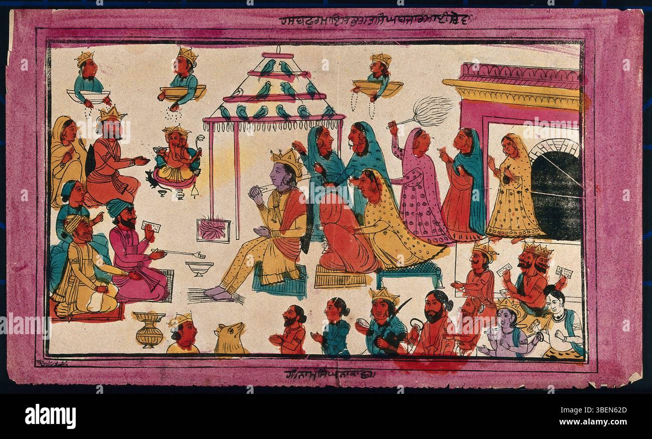This 19th-century coloured lithograph depicts the marriage of Lord Rama and Sita, with Brahmins ...
