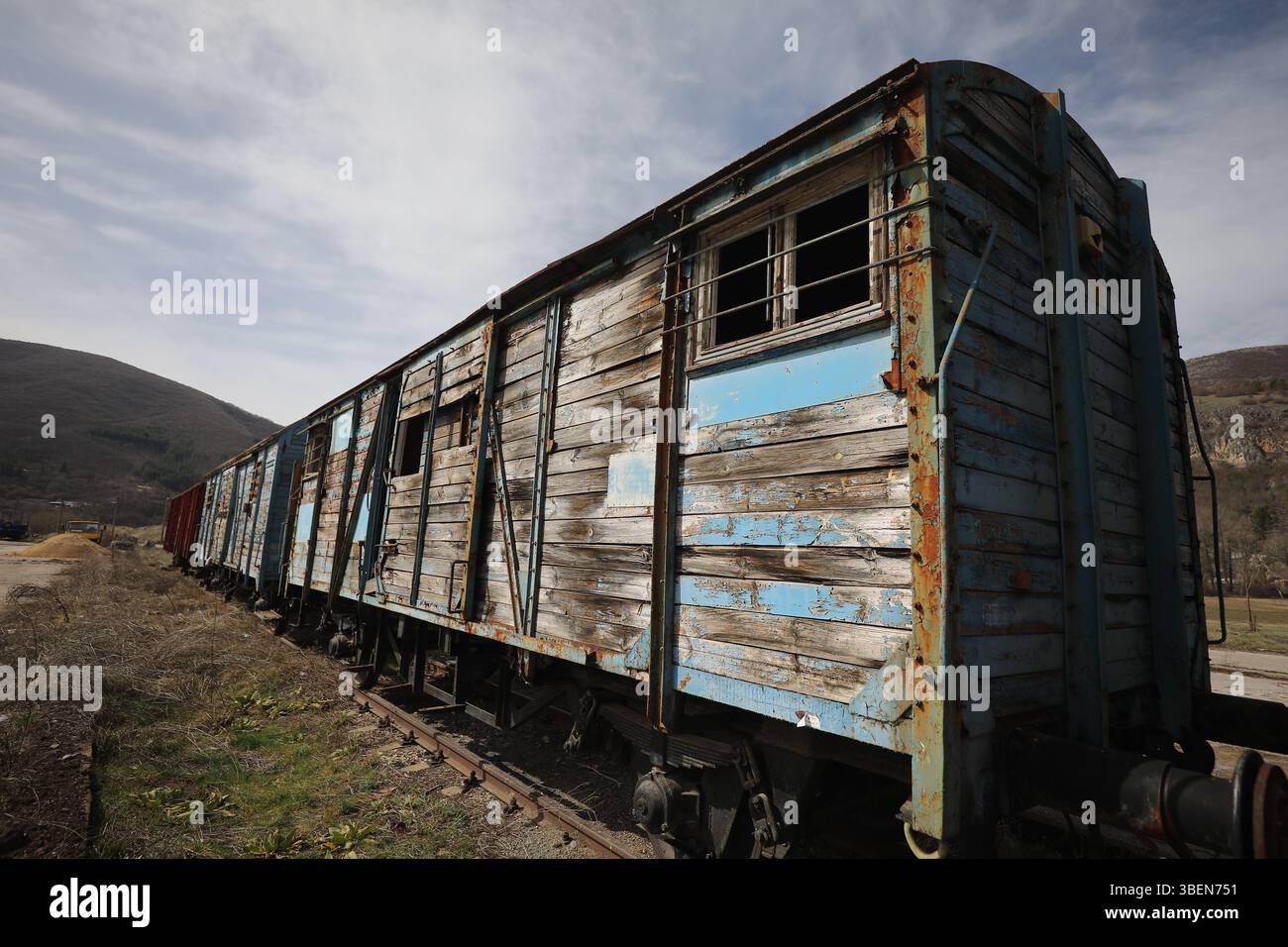 Abandoned old railway wagons at station, old train wagons in an ...