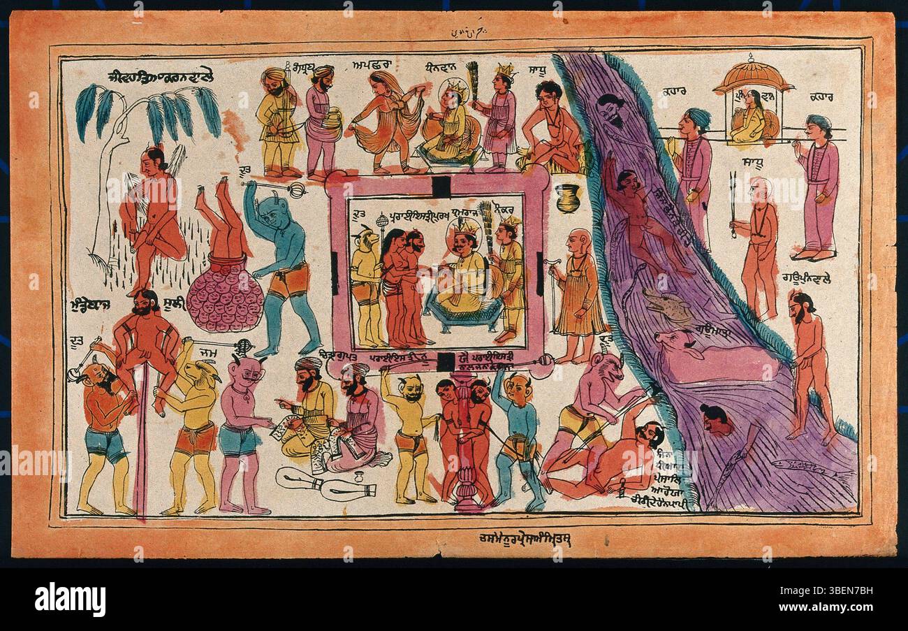 This 19th-century coloured lithograph illustrates the Court of Yama ...