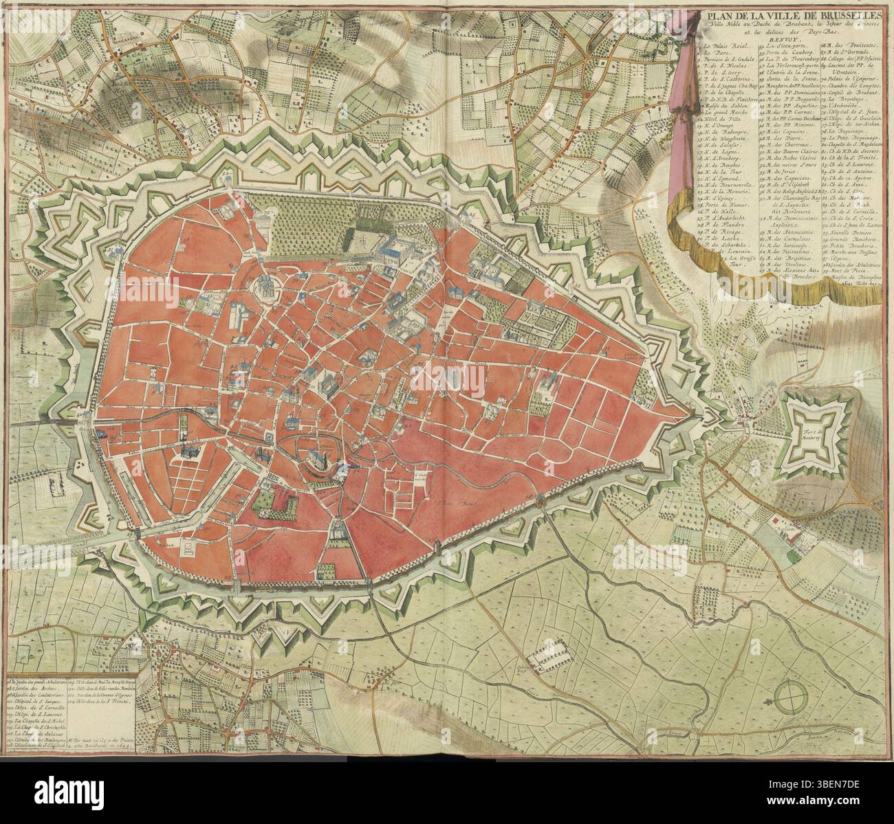 Engraved map of Brussels from 1711 created by Jacob Gerard Harrewijn ...