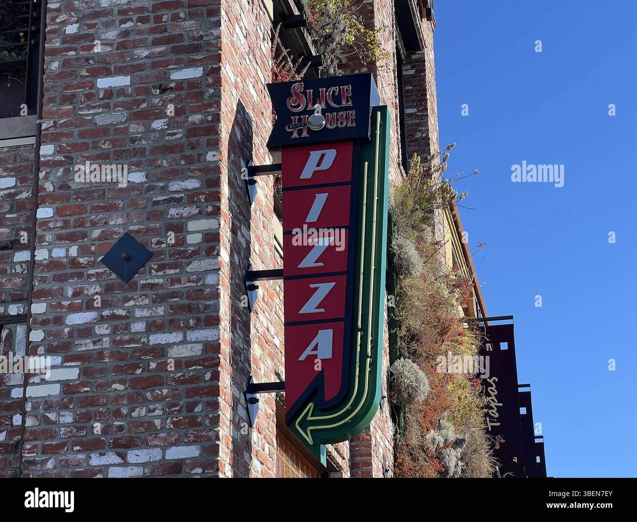 Neon sign of Slice House Pizza on a brick building with vertical garden ...