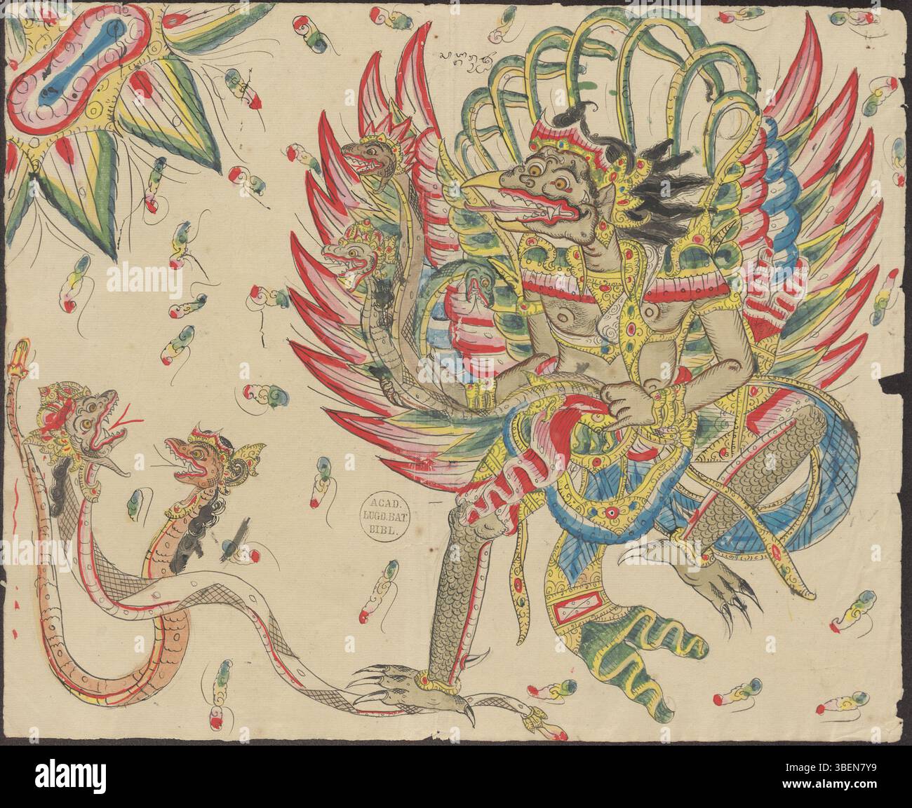 A Balinese artwork showing Garuda, the mythical bird, carrying snakes ...