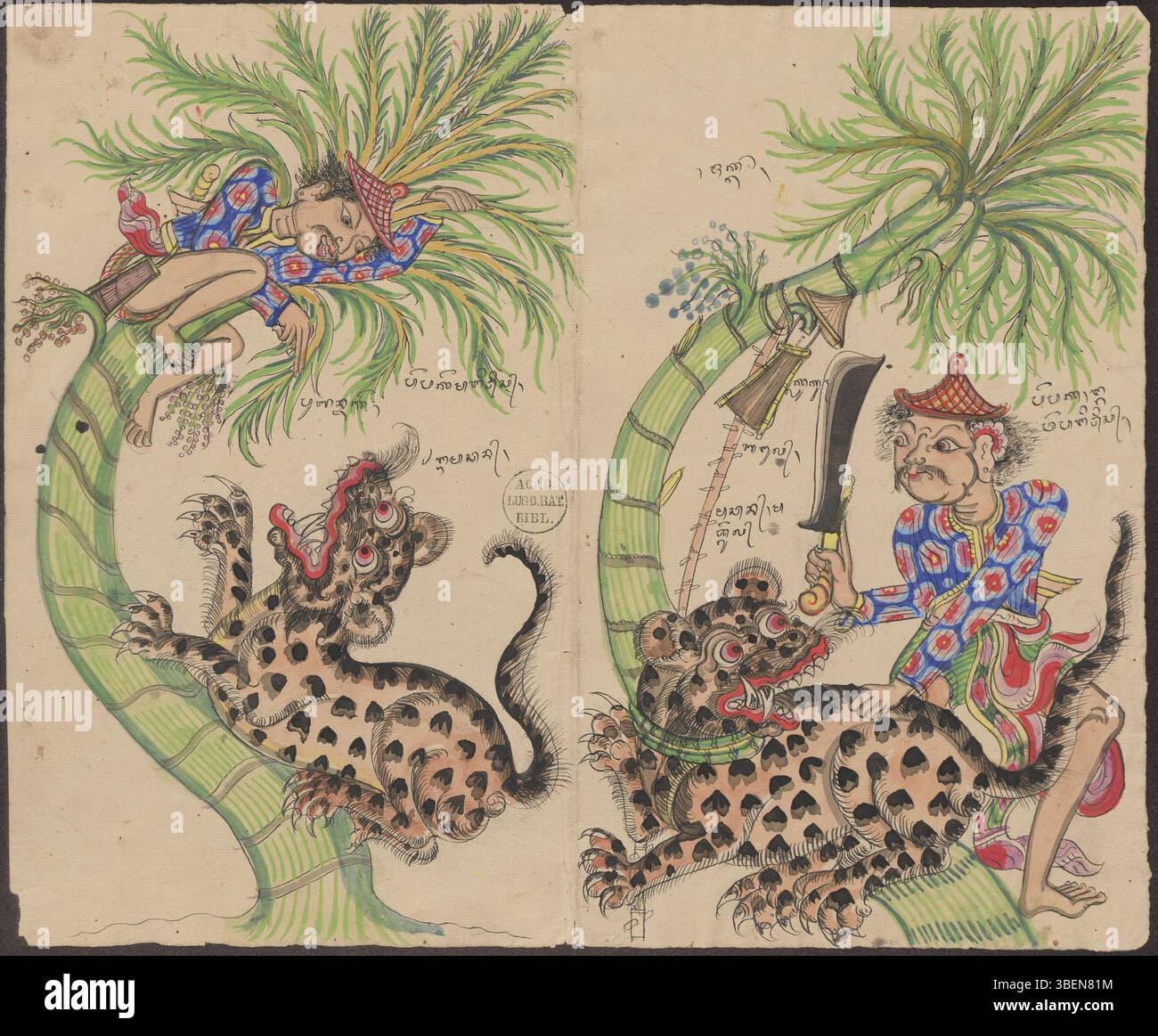 A Balinese drawing illustrating a fable where a tiger attacks Papaka ...