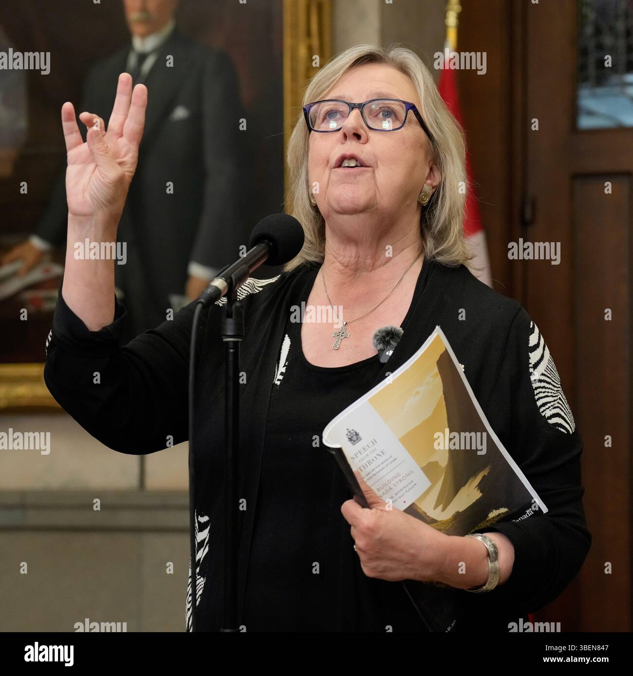 Ottawa, Canada. 29th May, 2025. Green Party Leader Elizabeth May speaks ...