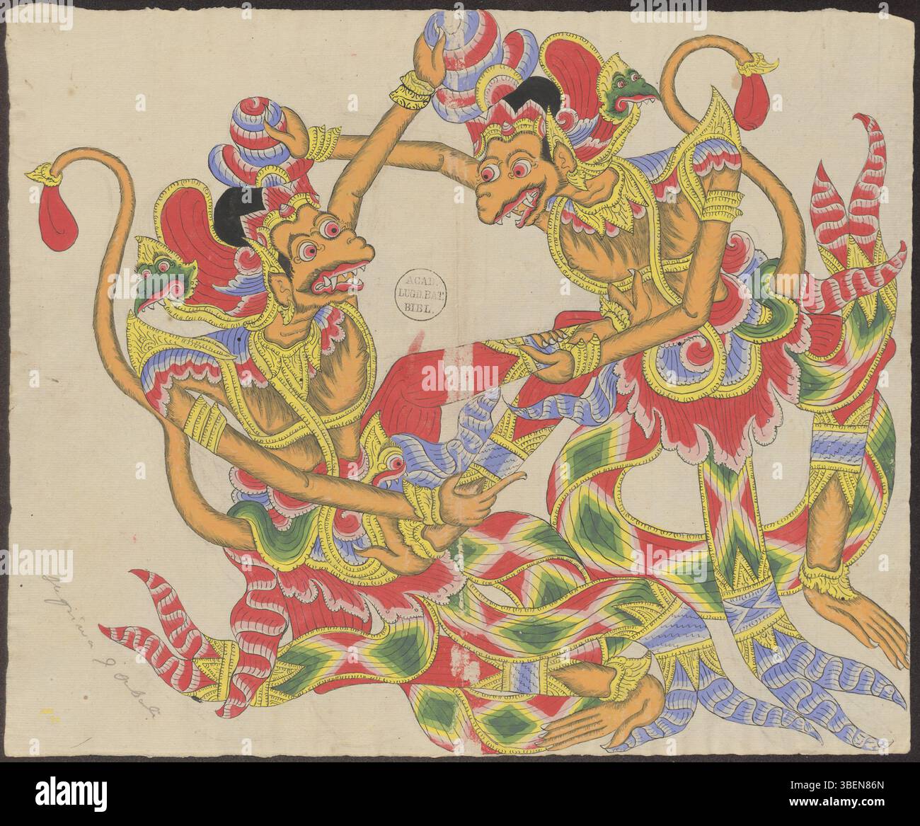 Subali and Sugriwa, two figures from Balinese mythology, engage in ...