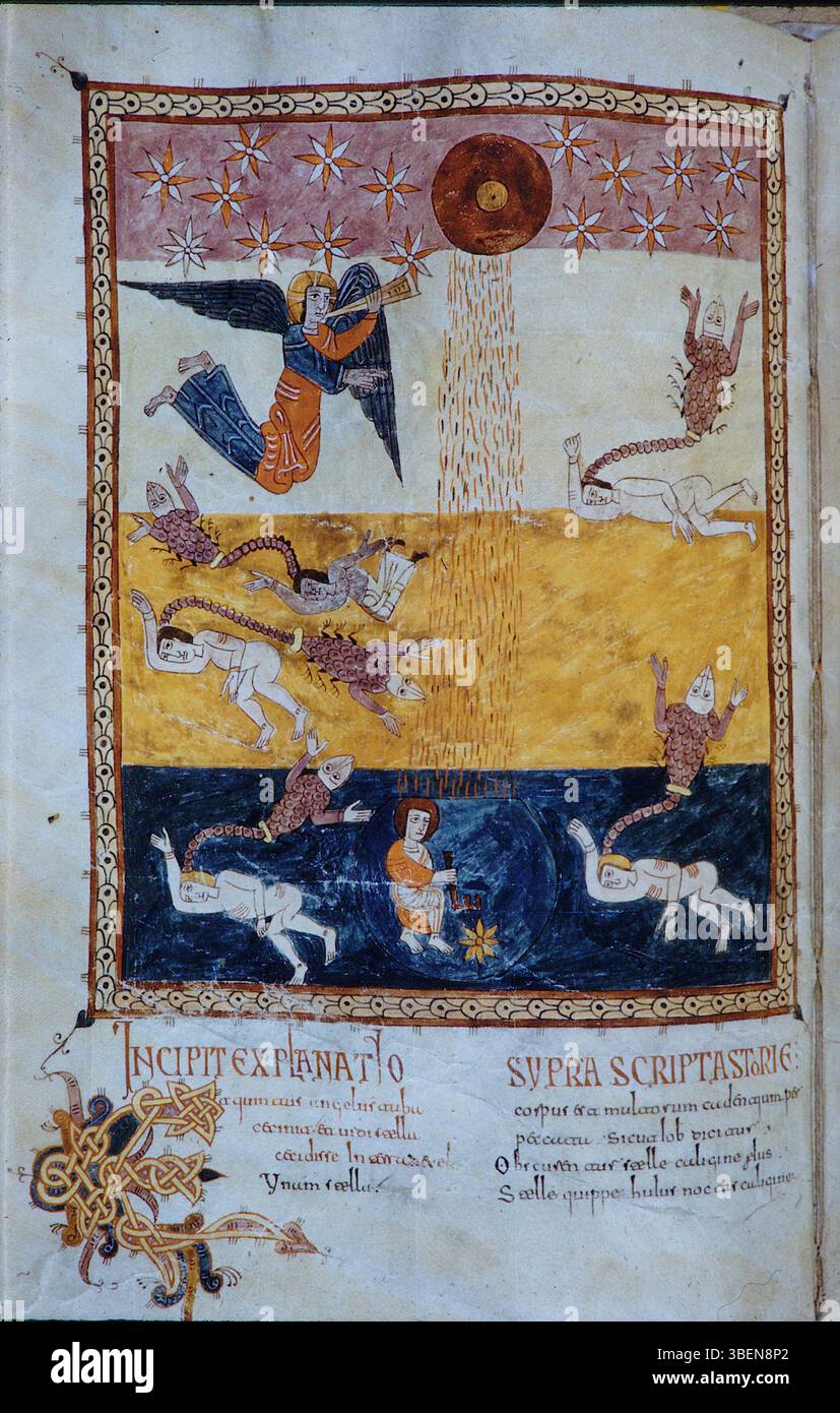 In this illumination from the *Gerona Beatus*, an angel blows a trumpet ...