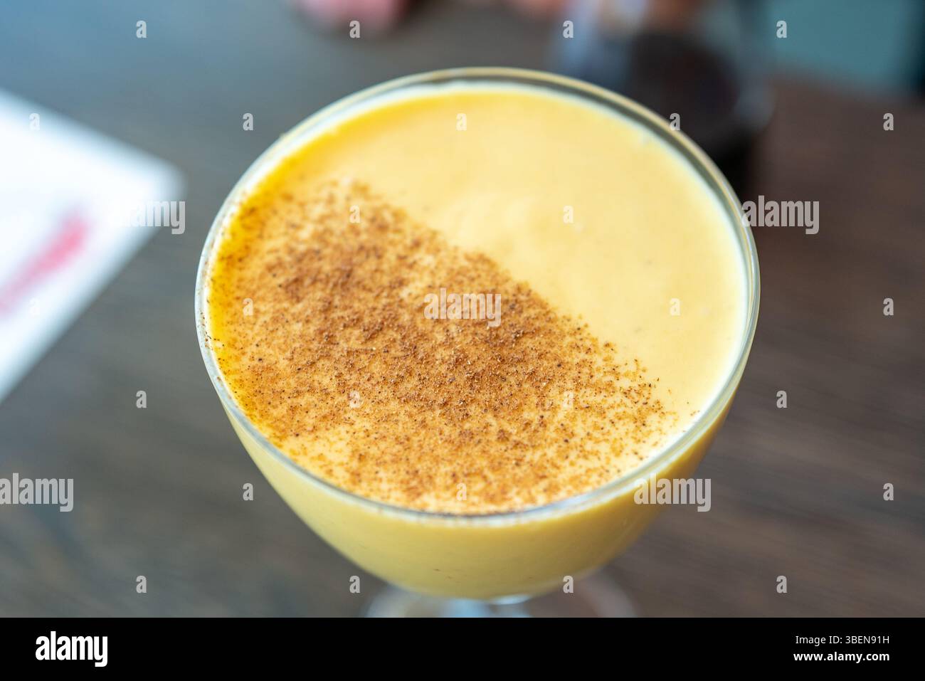 United States. 18th Aug, 2024. Close-up of a mango lassi drink in a ...