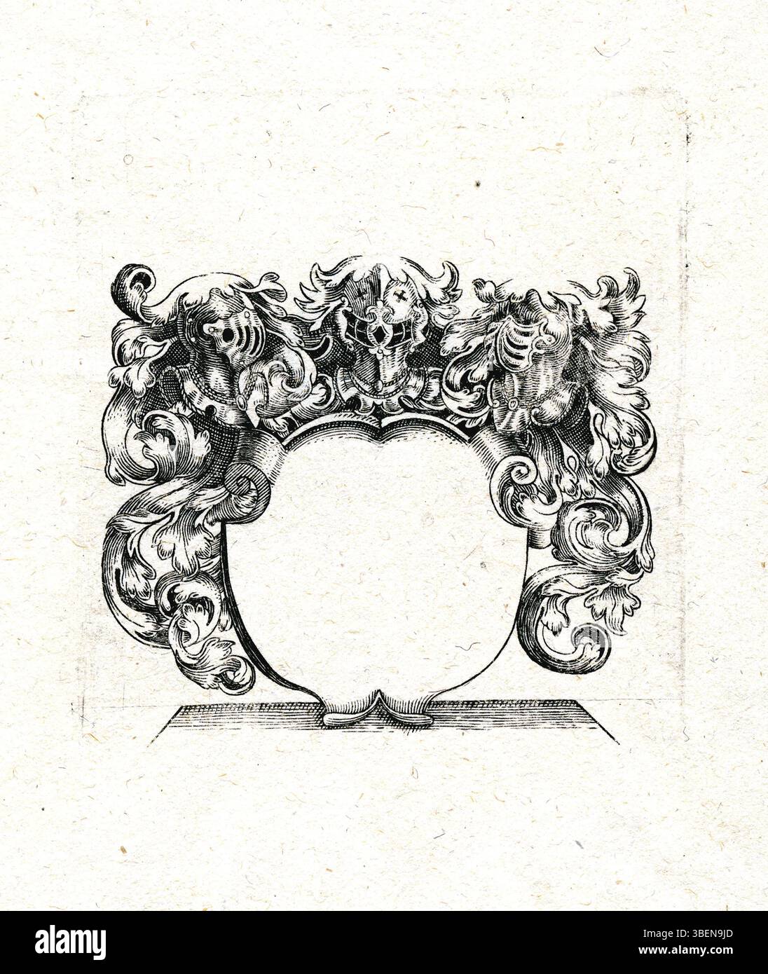 This engraving by Johann Theodor de Bry features a blank coat of arms ...