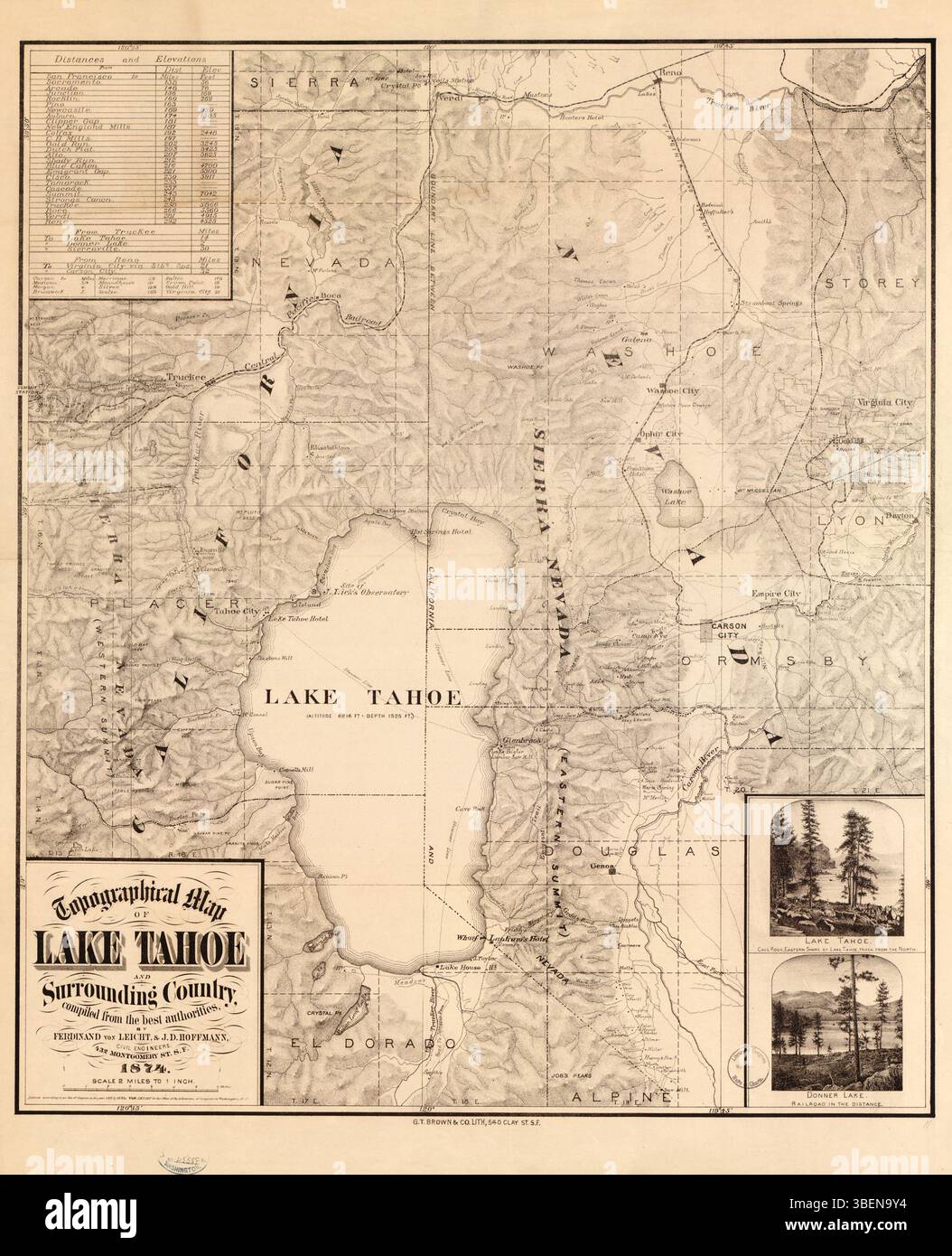 This 1874 topographical map of Lake Tahoe provides a detailed survey of ...