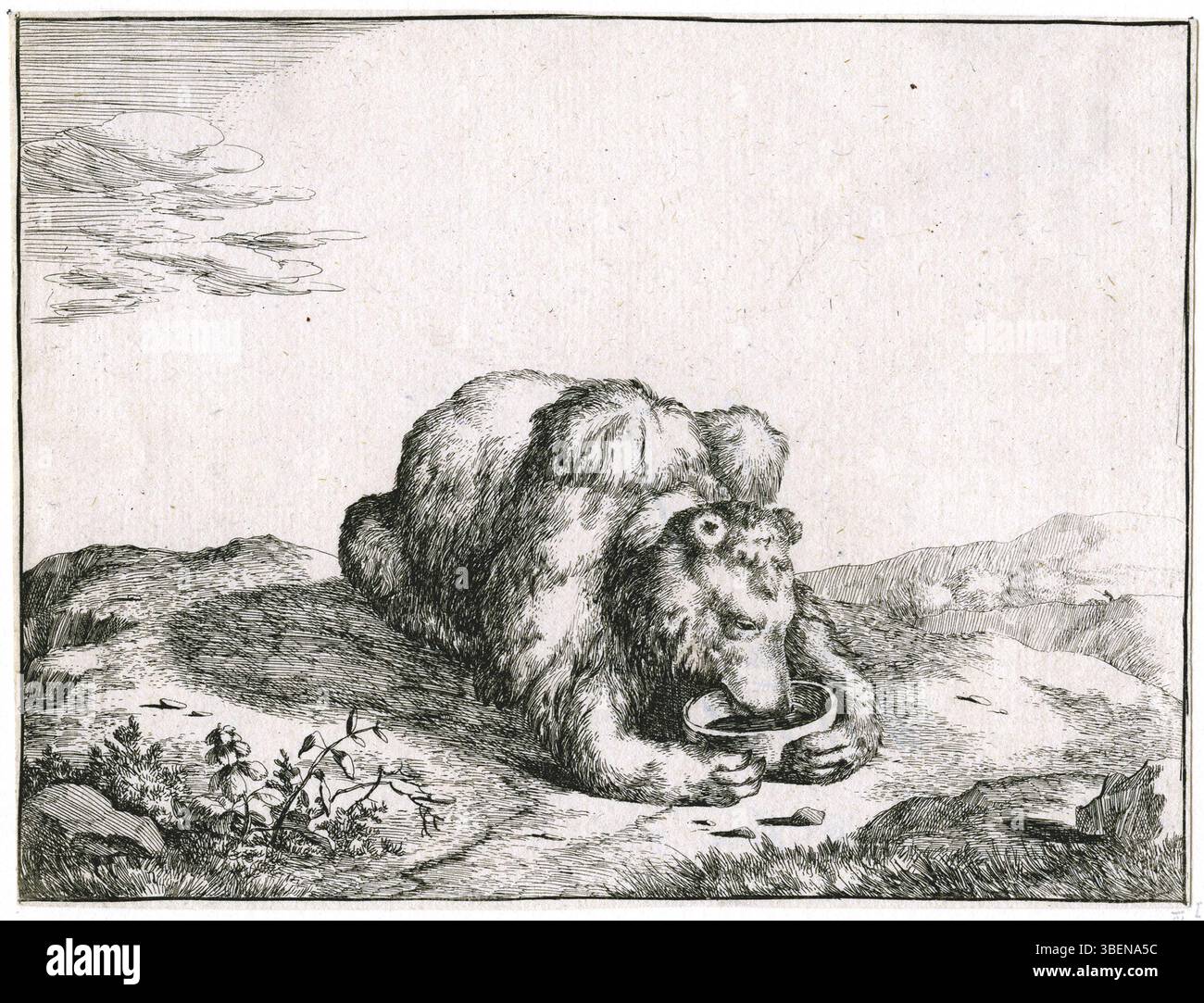 This work by Marcus de Bye depicts a bear drinking from a vessel ...