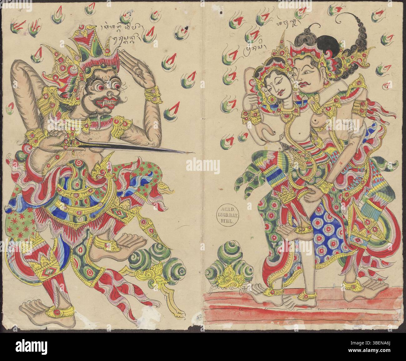 This drawing illustrates a scene where King Anggadipa threatens Indra ...