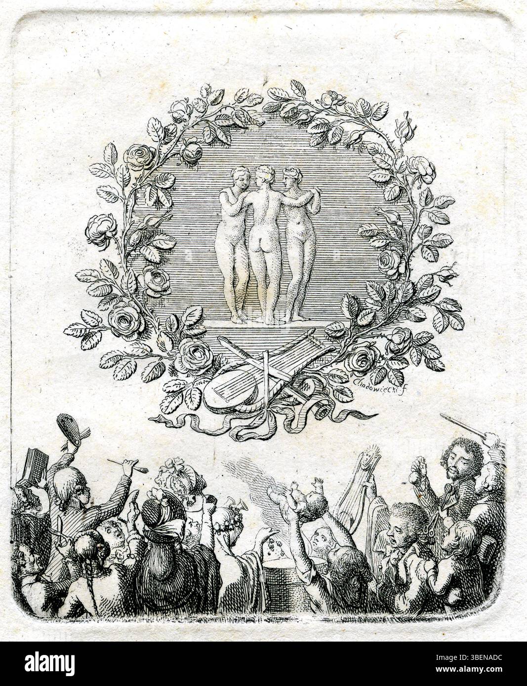 This engraving by Daniel Nikolaus Chodowiecki (1726–1801) depicts a group of artists honoring ...