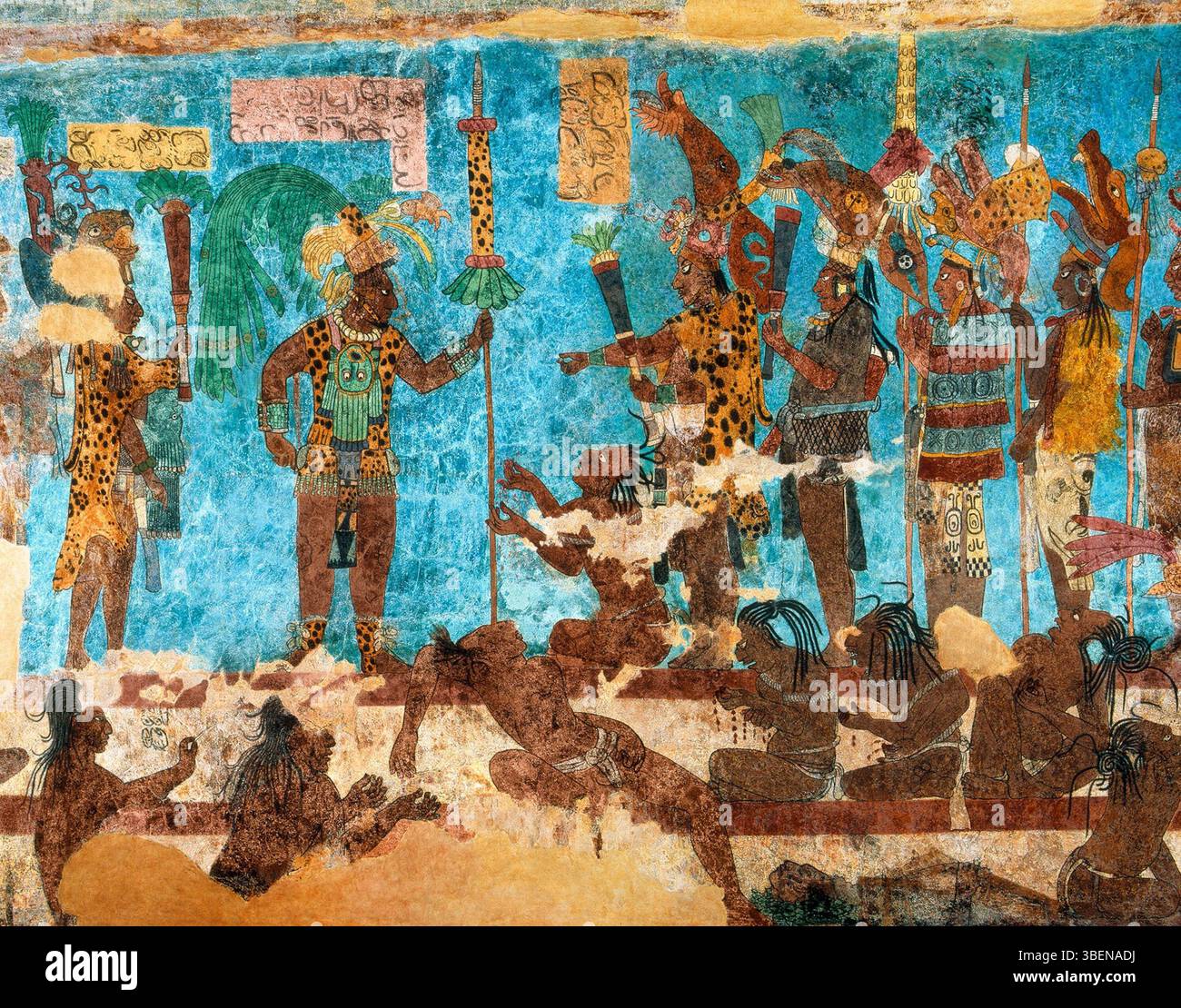 A Mayan mural, likely from Bonampak Building 1 Room 2, depicts figures ...